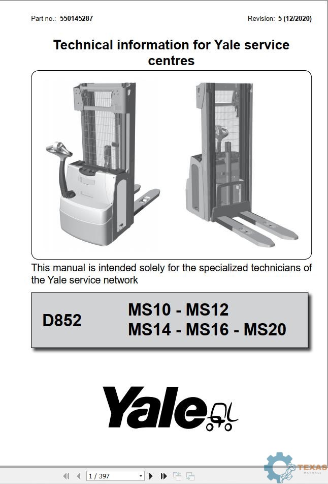 Yale Forklift D852 (MS10 - MS12 - MS14 - MS16 - MS20) Service Manual - Texas Manuals